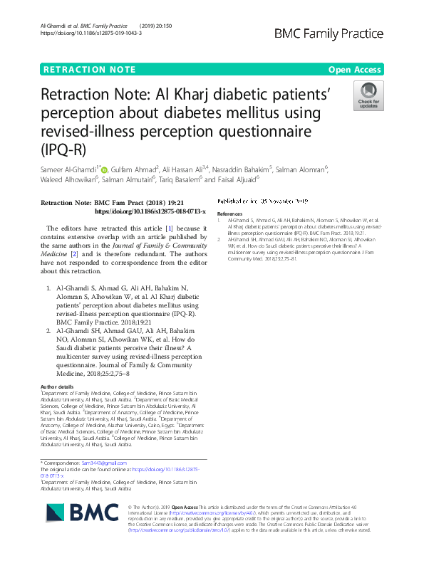 Pdf Retraction Note Al Kharj Diabetic Patients Perception About