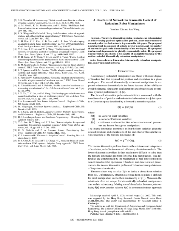 Pdf A Dual Neural Network For Kinematic Control Of Redundant Robot Manipulators