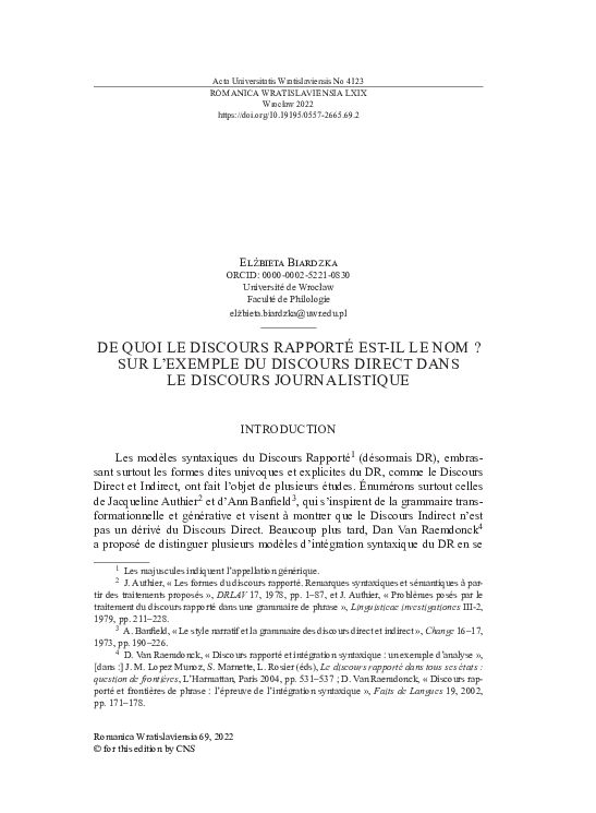 (PDF) De quoi le discours rapporté est-il le nom ? Sur l’exemple du ...