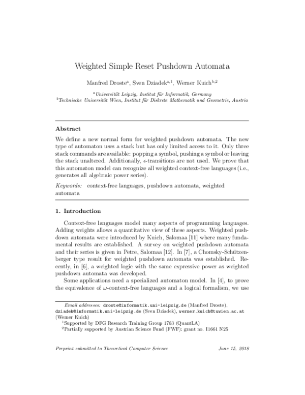 (PDF) Weighted simple reset pushdown automata