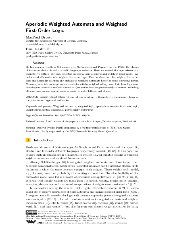 Pdf Aperiodic Weighted Automata And Weighted First Order Logic 2804