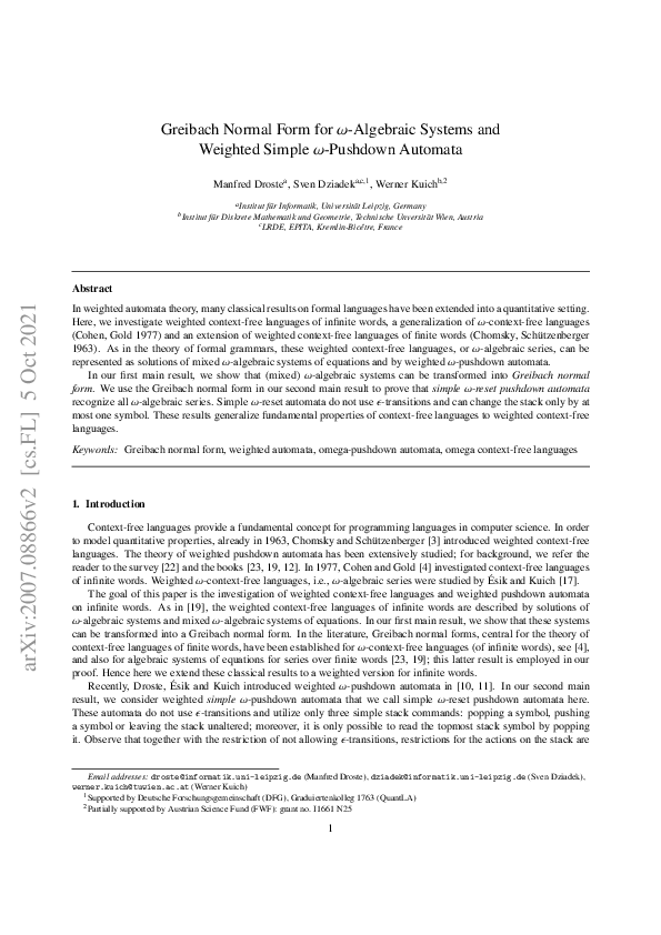 (PDF) Greibach normal form for ω-algebraic systems and weighted simple ...