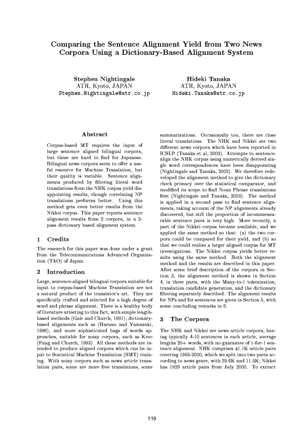 (PDF) Comparing the sentence alignment yield from two news corpora using a dictionary-based ...