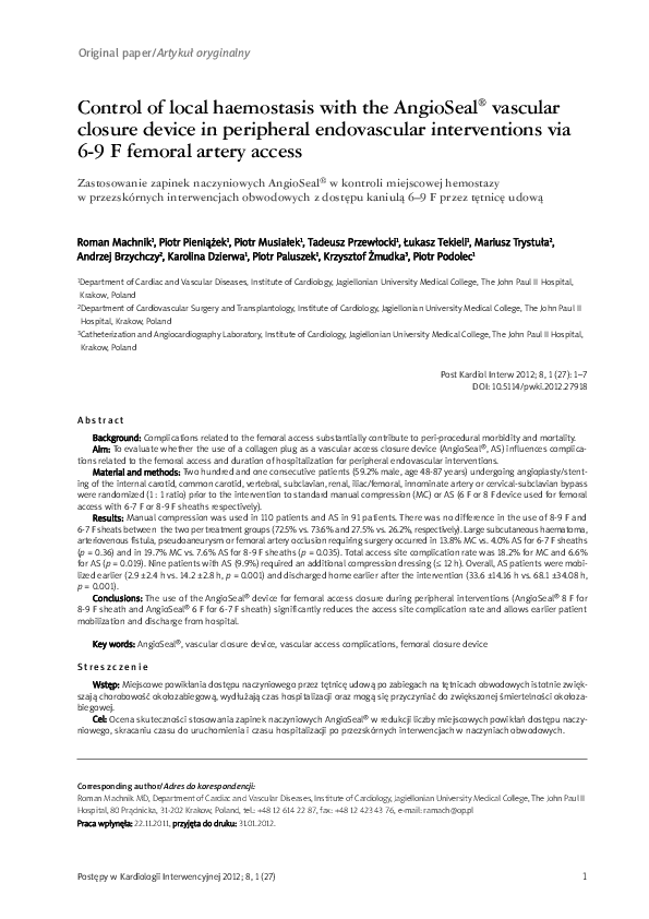 (PDF) Control of local haemostasis with the AngioSeal® vascular closure ...