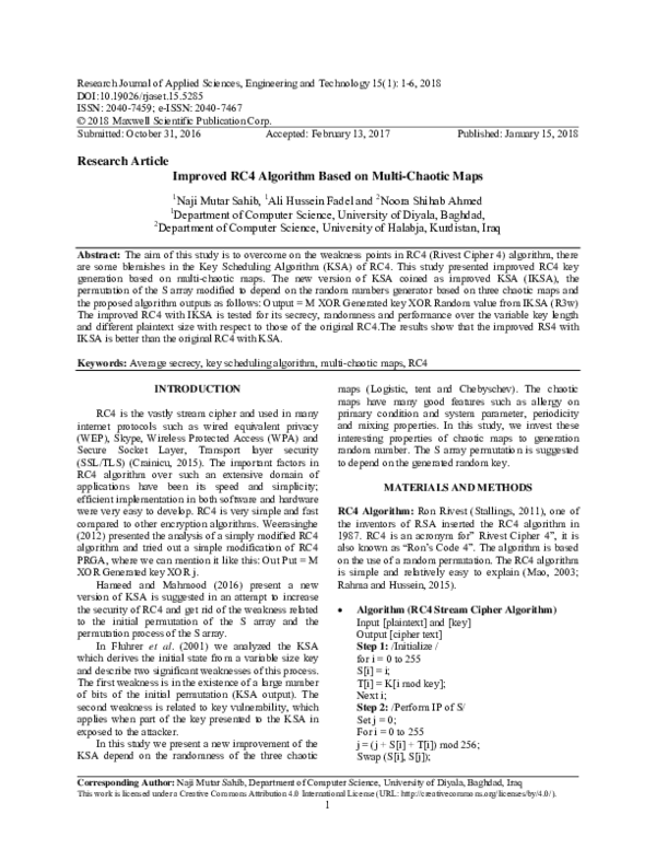 Pdf Improved Rc4 Algorithm Based On Multi Chaotic Maps Noora Ahmed