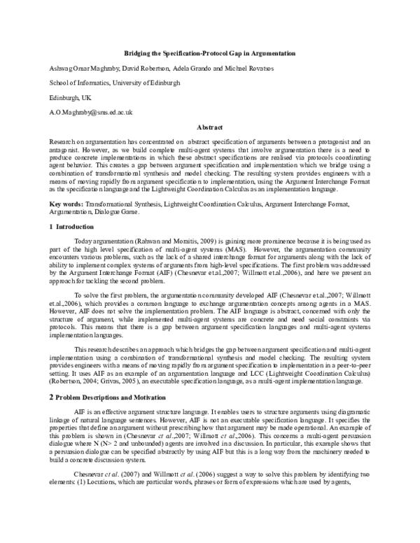 Pdf Bridging The Specification Protocol Gap In Argumentation