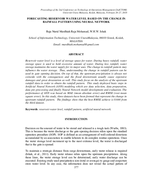 (PDF) Forecasting reservoir water level based on the change in rainfall pattern using neural network