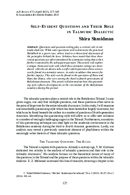 (PDF) Self-Evident Questions and Their Role in Talmudic Dialectic