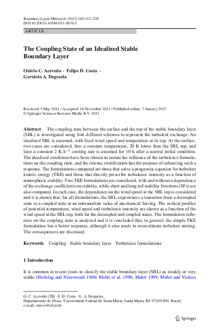 (PDF) The Coupling State of an Idealized Stable Boundary Layer