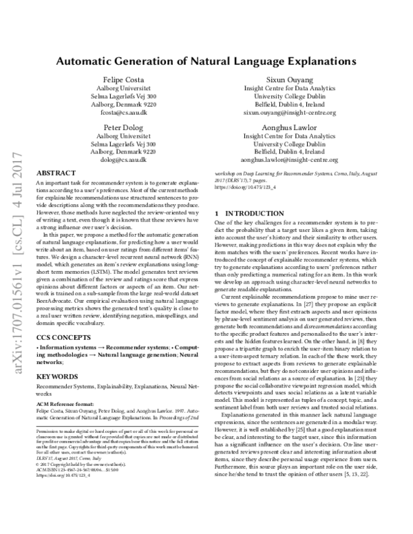 (PDF) Automatic Generation of Natural Language Explanations