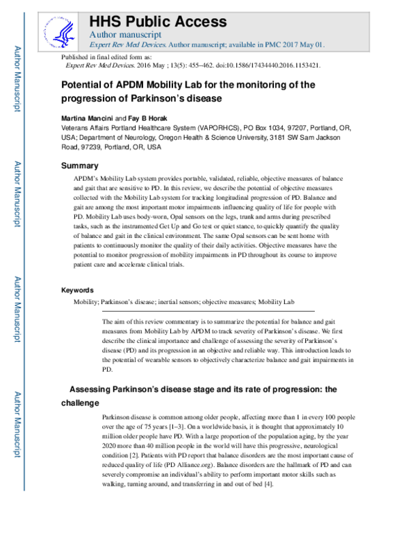 (PDF) Potential of APDM mobility lab for the monitoring of the ...