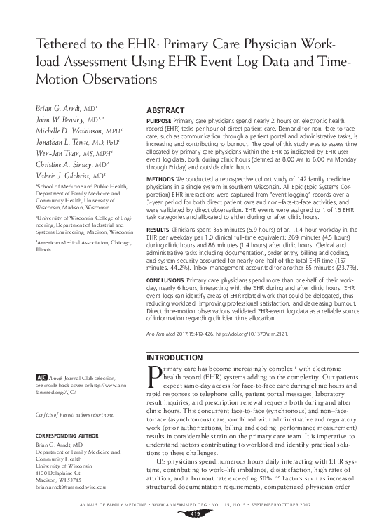 (PDF) Tethered to the EHR: Primary Care Physician Workload Assessment Using EHR Event Log Data ...
