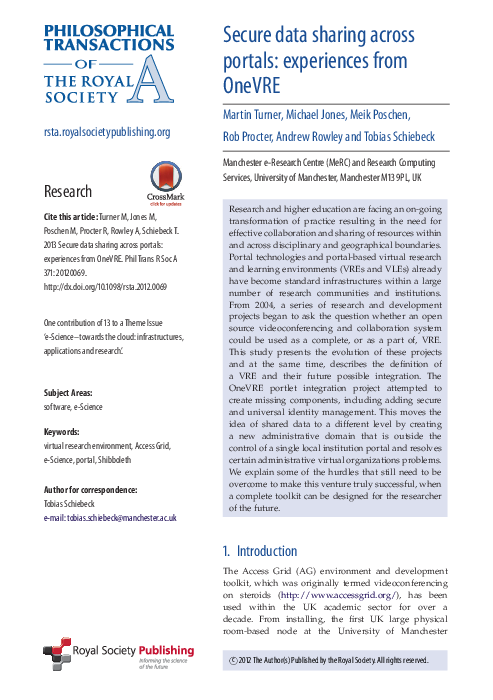 (PDF) Secure data sharing across portals: experiences from OneVRE (PDF) Secure data sharing across portals: experiences from OneVRE