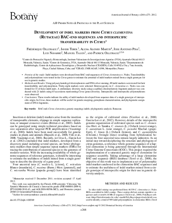 (PDF) Development of indel markers from Citrus clementina (Rutaceae) BAC-end sequences and ...