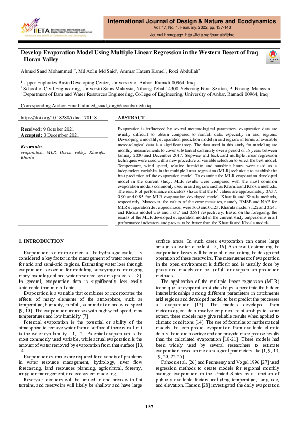 (PDF) Develop Evaporation Model Using Multiple Linear Regression in the Western Desert of Iraq ...