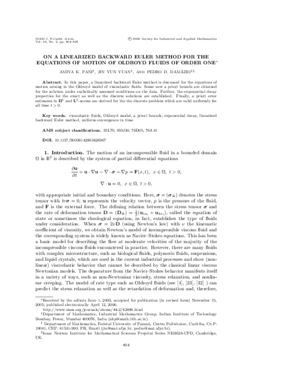 Pdf On A Linearized Backward Euler Method For The Equations Of Motion