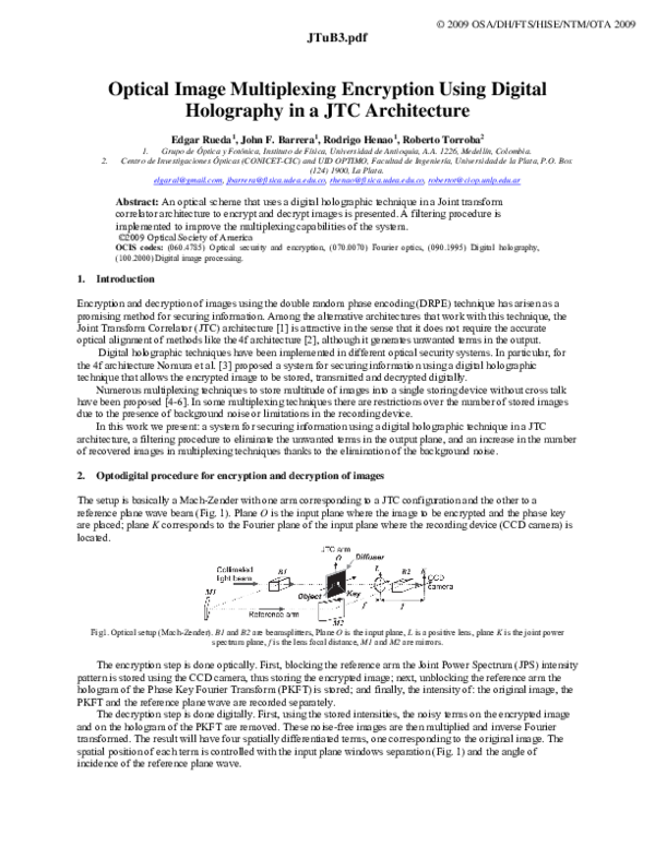 (PDF) Optical Image Multiplexing Encryption Using Digital Holography in a JTC Architecture