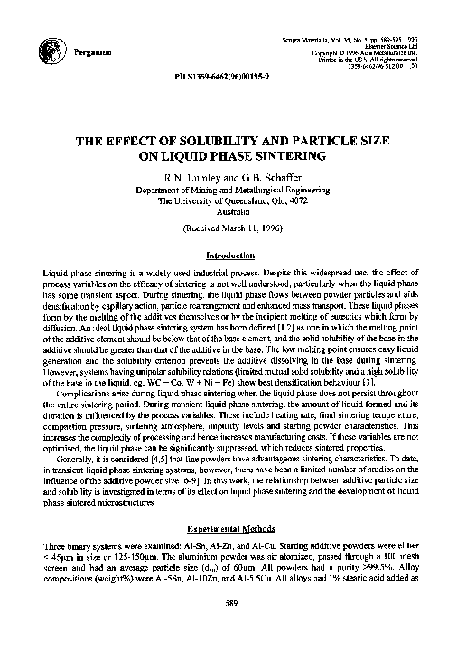 Pdf The Effect Of Solubility And Particle Size On Liquid Phase Sintering