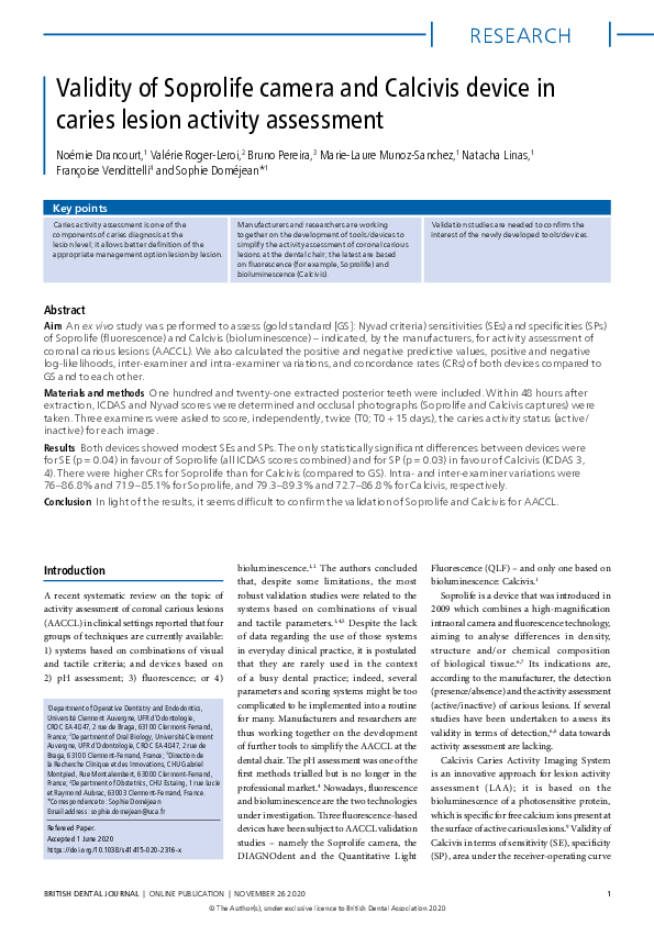 (PDF) Validity of Soprolife camera and Calcivis device in caries lesion ...