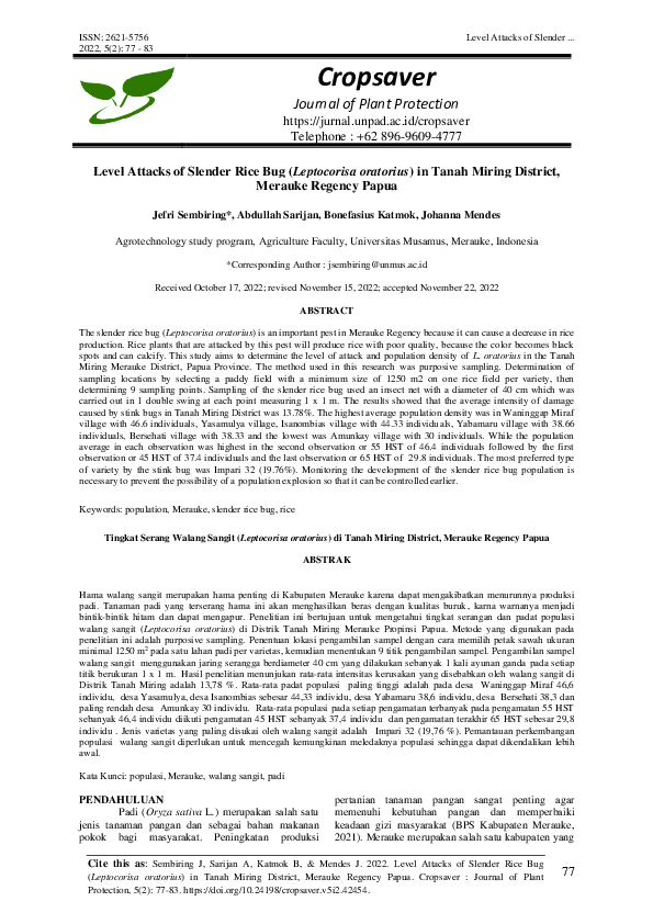 (PDF) Level Attacks of Slender Rice Bug (Leptocorisa Oratorius) in ...