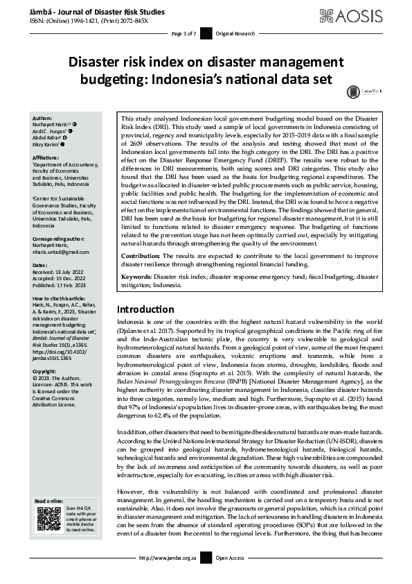 (PDF) Disaster risk index on disaster management budgeting: Indonesia’s ...