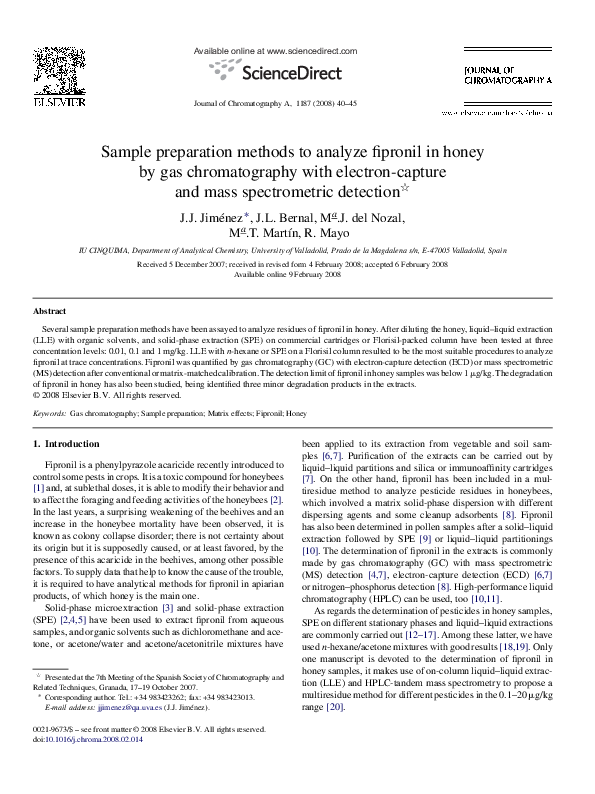 (PDF) Sample preparation methods to analyze fipronil in honey by gas chromatography with ...