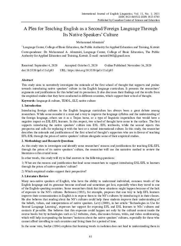 (PDF) A Plea for Teaching English as a Second/Foreign Language Through Its Native Speakers’ Culture