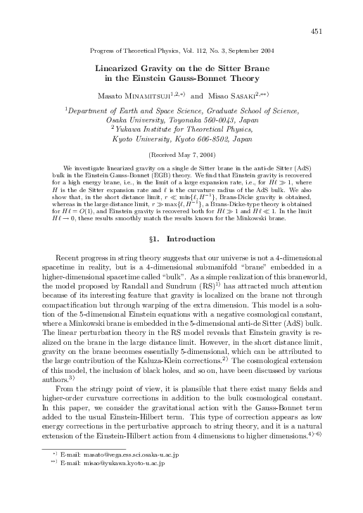 (PDF) Linearized Gravity on the de Sitter Brane in the Einstein Gauss-Bonnet Theory