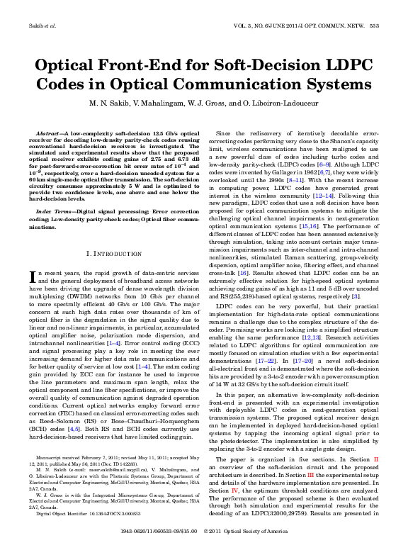 (PDF) Optical Front-End for Soft-Decision LDPC Codes in Optical Communication Systems