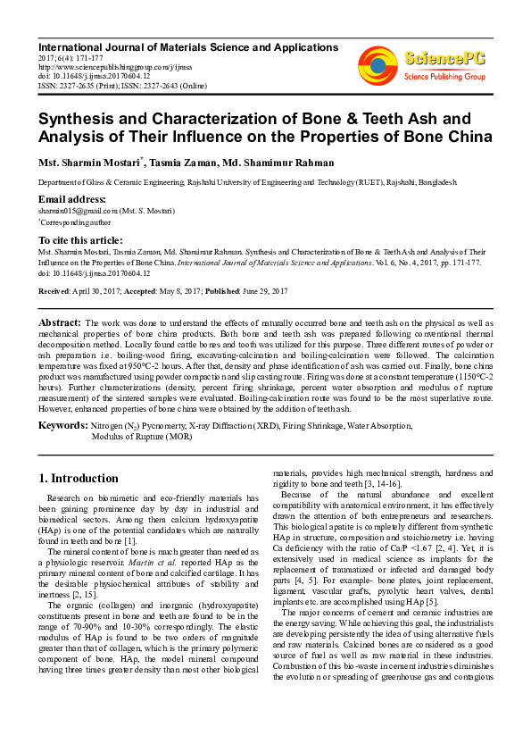 (PDF) Synthesis and Characterization of Bone Teeth Ash and Analysis of ...