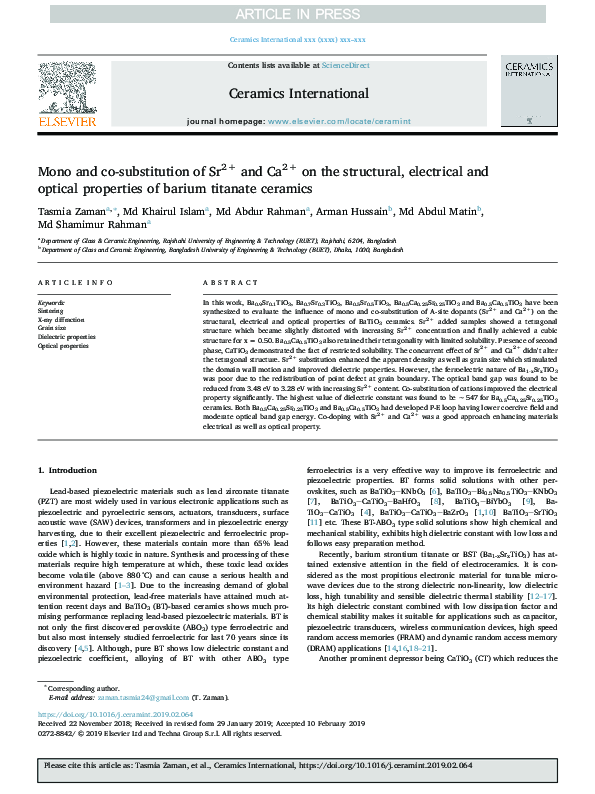 (PDF) Mono and co-substitution of Sr2+ and Ca2+ on the structural, electrical and optical ...