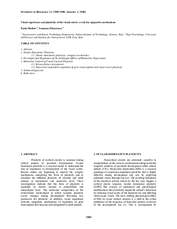 (PDF) Visual experience and plasticity of the visual cortex: a role for epigenetic mechanisms