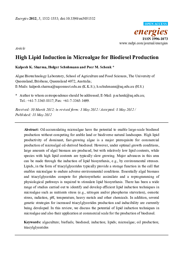 (PDF) Article High Lipid Induction in Microalgae for Biodiesel Production