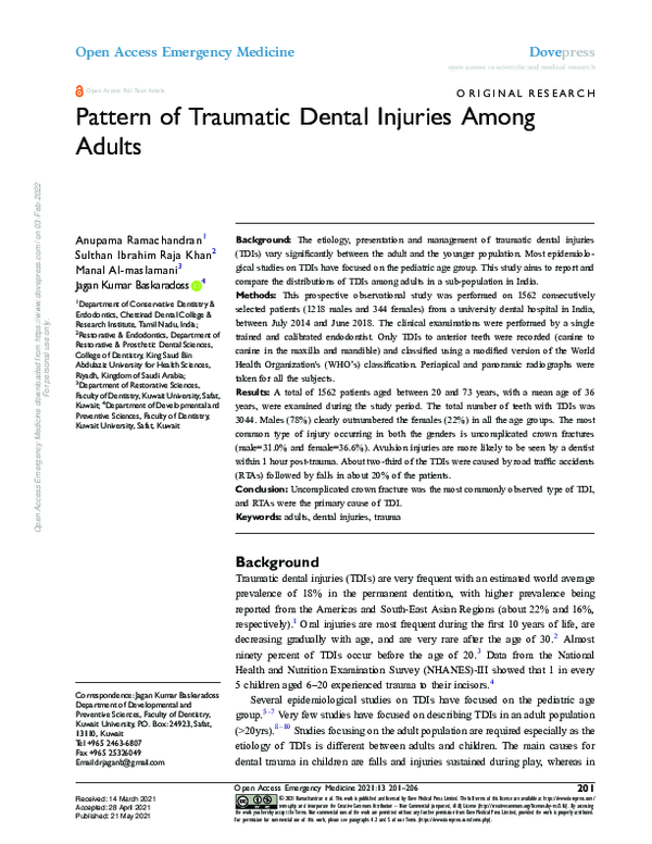 (PDF) Pattern of Traumatic Dental Injuries Among Adults