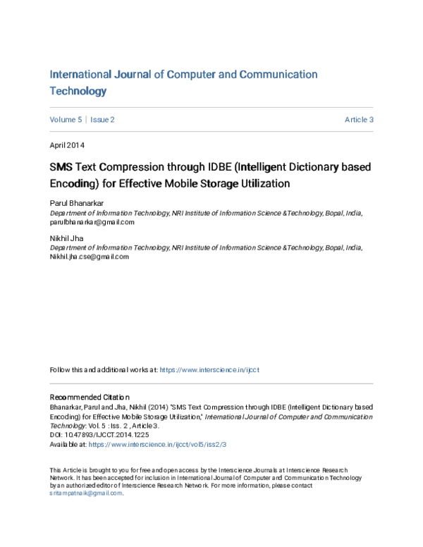 (PDF) SMS Text Compression through IDBE (Intelligent Dictionary based ...