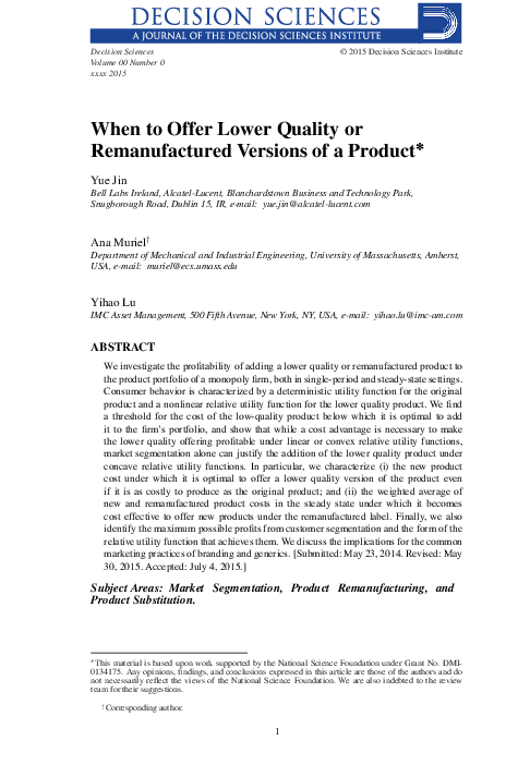 (PDF) When to Offer Lower Quality or Remanufactured Versions of a Product