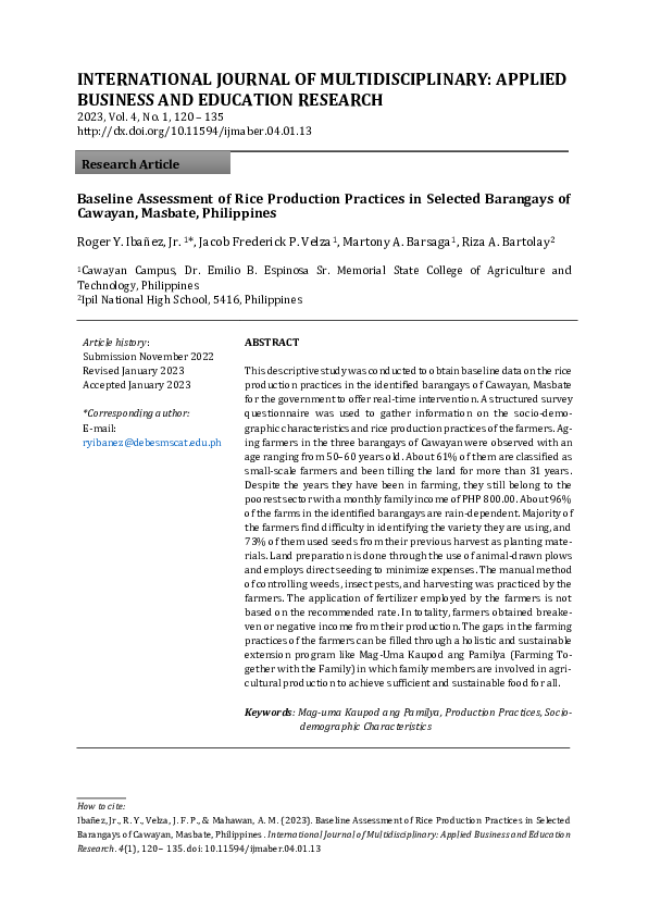 (PDF) Baseline Assessment of Rice Production Practices in Selected ...