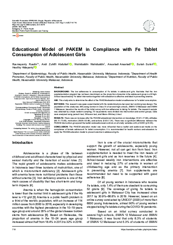 (PDF) Educational Model of PAKEM in Compliance with Fe Tablet Consumption of Adolescent Girls