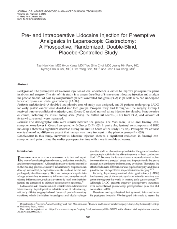 (PDF) Pre- and Intraoperative Lidocaine Injection for Preemptive Analgesics in Laparoscopic ...