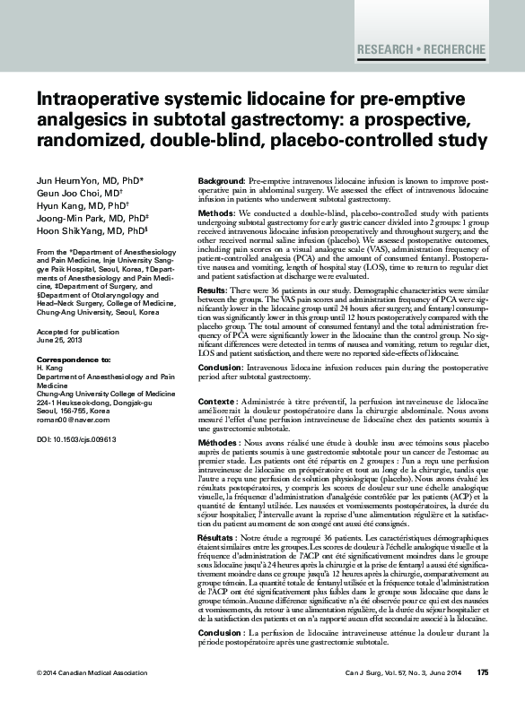 (PDF) Intraoperative systemic lidocaine for pre-emptive analgesics in subtotal gastrectomy: a ...