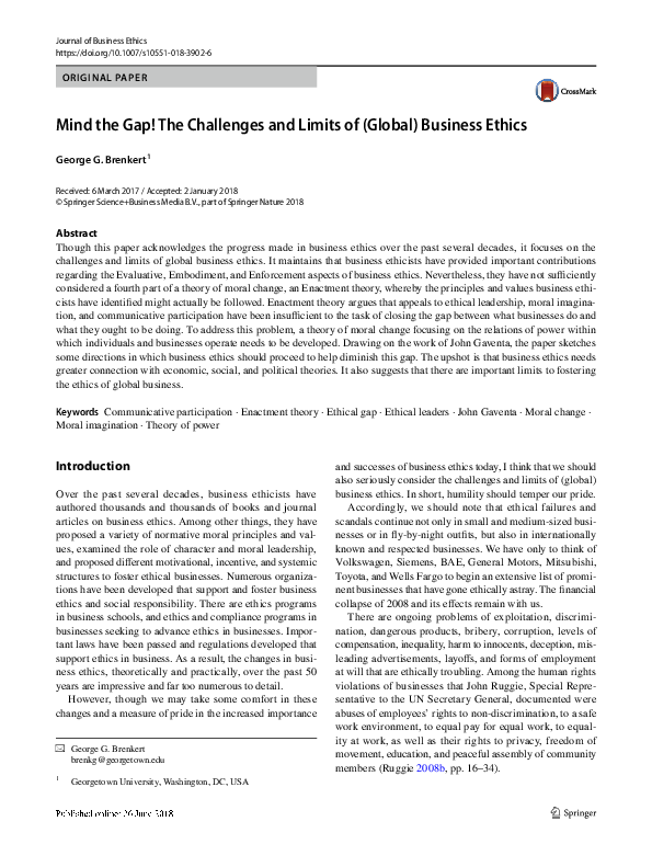 (PDF) Mind the Gap! The Challenges and Limits of (Global) Business Ethics