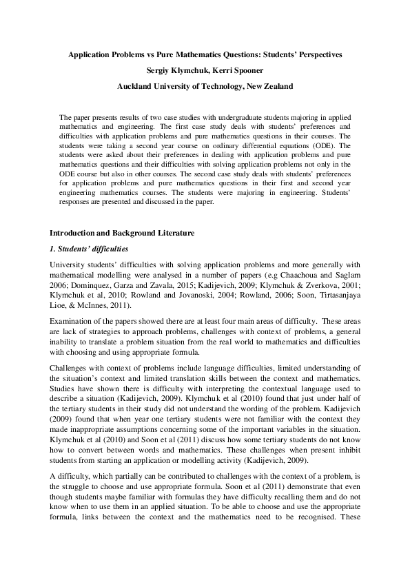 (PDF) Application Problems Vs Pure Mathematics Questions: Students ...