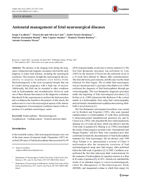 (PDF) Antenatal management of fetal neurosurgical diseases