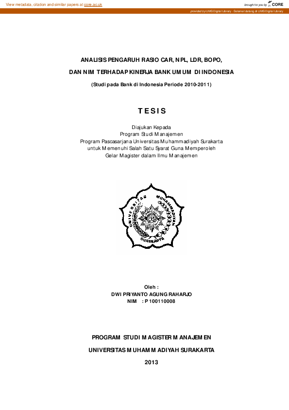 (PDF) Analisis Pengaruh Rasio CAR, NPL, LDR, BOPO,Dan NIM Terhadap Kinerja Bank Umum Di ...