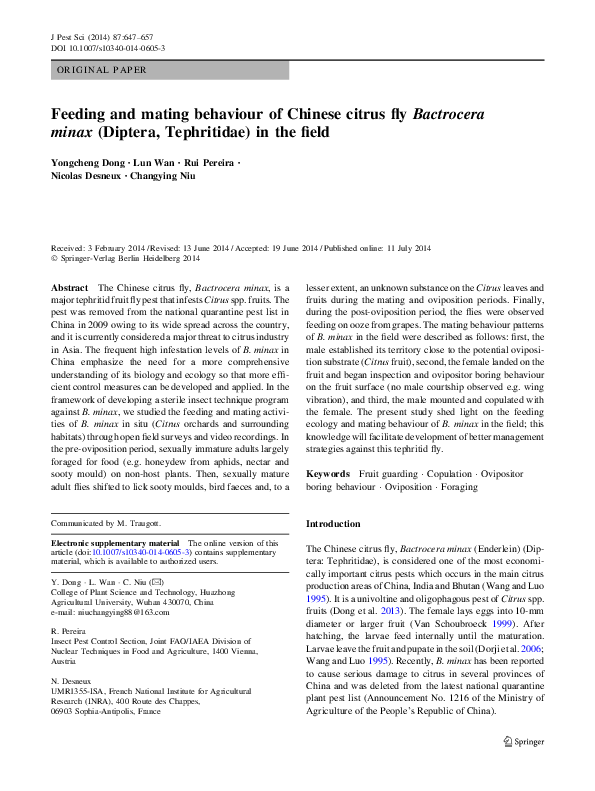 (PDF) Feeding and mating behaviour of Chinese citrus fly Bactrocera ...