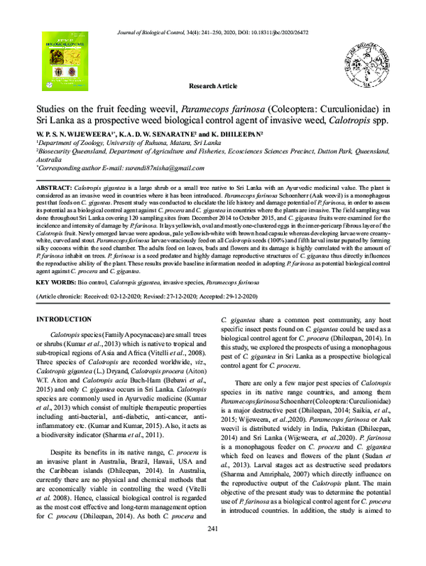 (PDF) Studies on the fruit feeding weevil, Paramecops farinosa ...