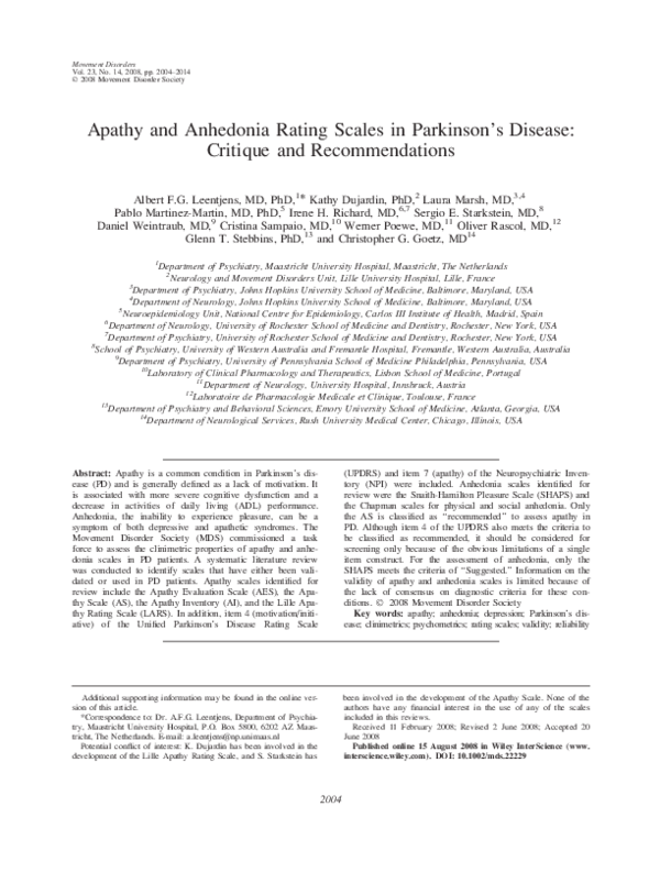 (PDF) Apathy and anhedonia rating scales in Parkinson's disease ...