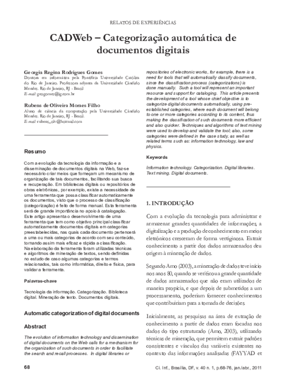 (PDF) CADWeb: categorização automática de documentos digitais | Geórgia ...