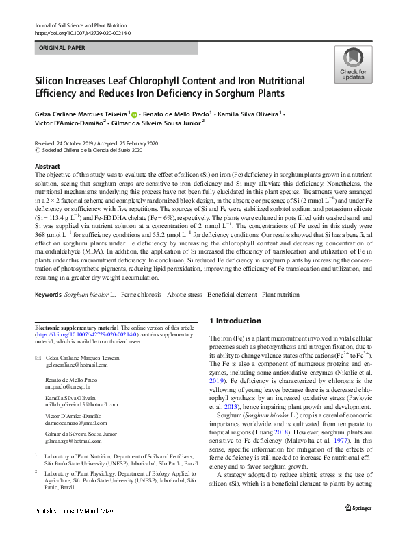 (PDF) Silicon Increases Leaf Chlorophyll Content and Iron Nutritional ...