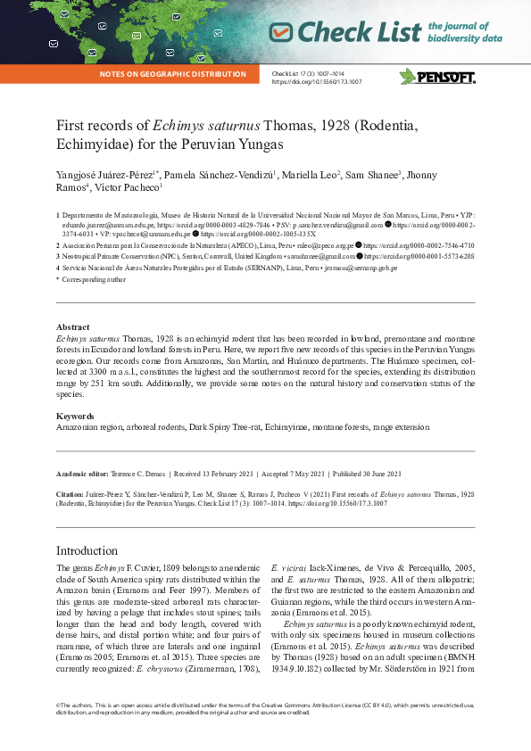 (PDF) First records of Echimys saturnus Thomas, 1928 (Rodentia ...